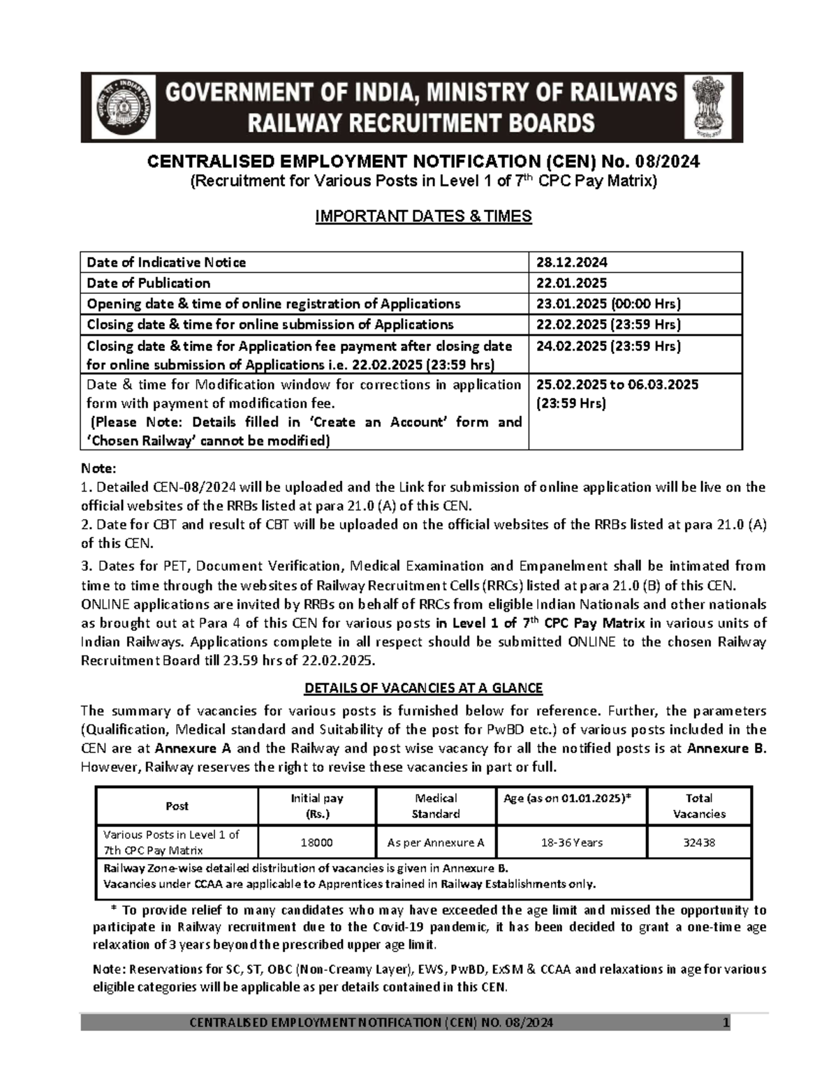 Railway d group notification 2025 - CENTRALISED EMPLOYMENT NOTIFICATION ...