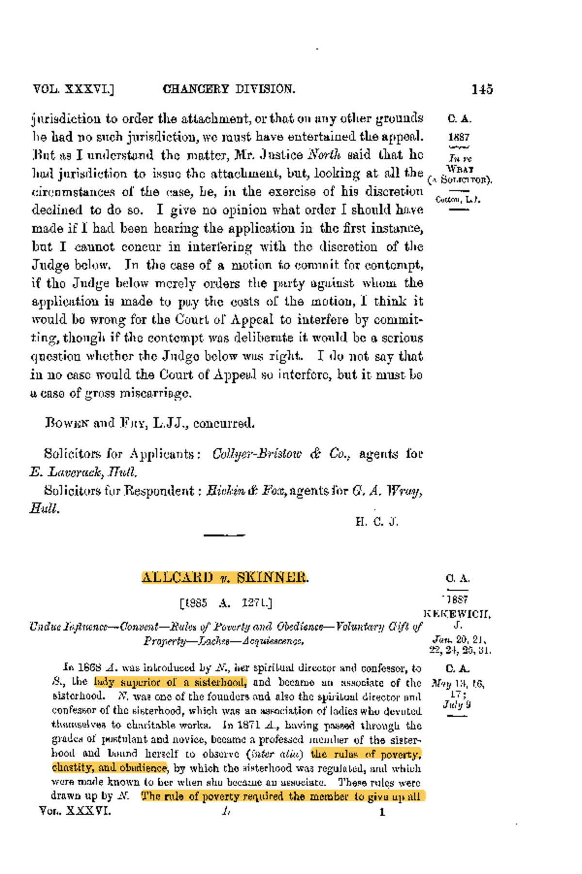 Chancery Division Case Study: Allcard v. Skinner (1887) Analysis - Studocu