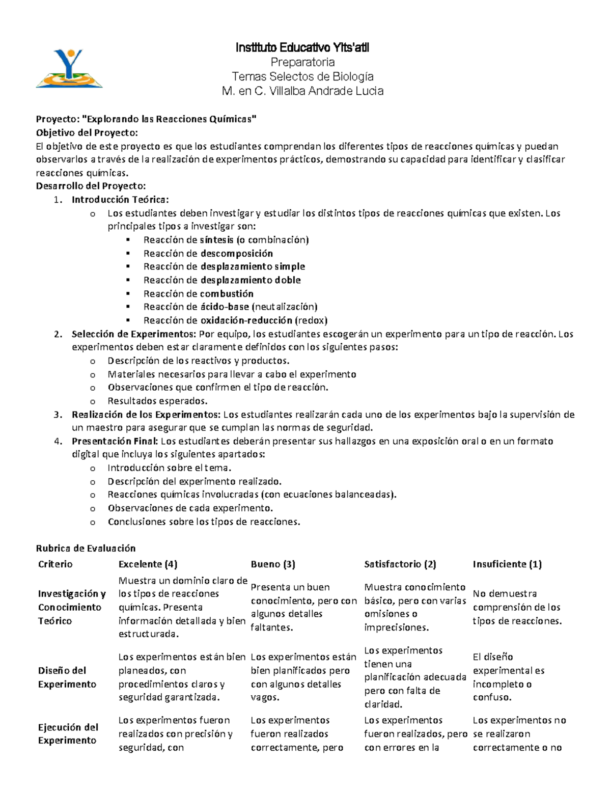 Proyecto: Explorando las Reacciones Químicas en Biología M. - Studocu