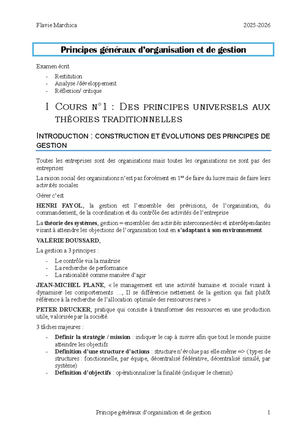 Synthèse des Principes Généraux d'Organisation et de Gestion - COURS I - Studocu