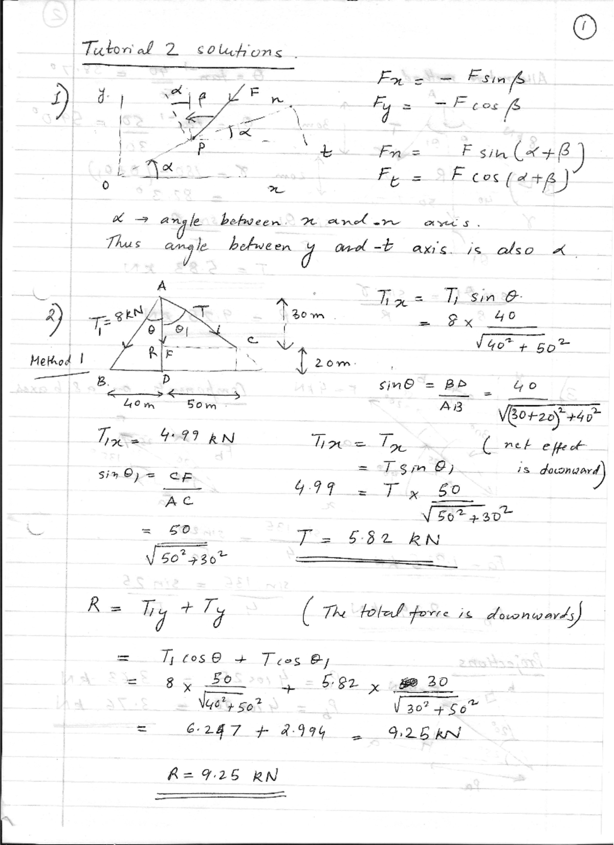 PHYS1034 tutorial 2 solutions-1 - S I Tutorial 2 solutions 1) y. L Fn Fy Fcos B Tx P It Fn x Ft ...