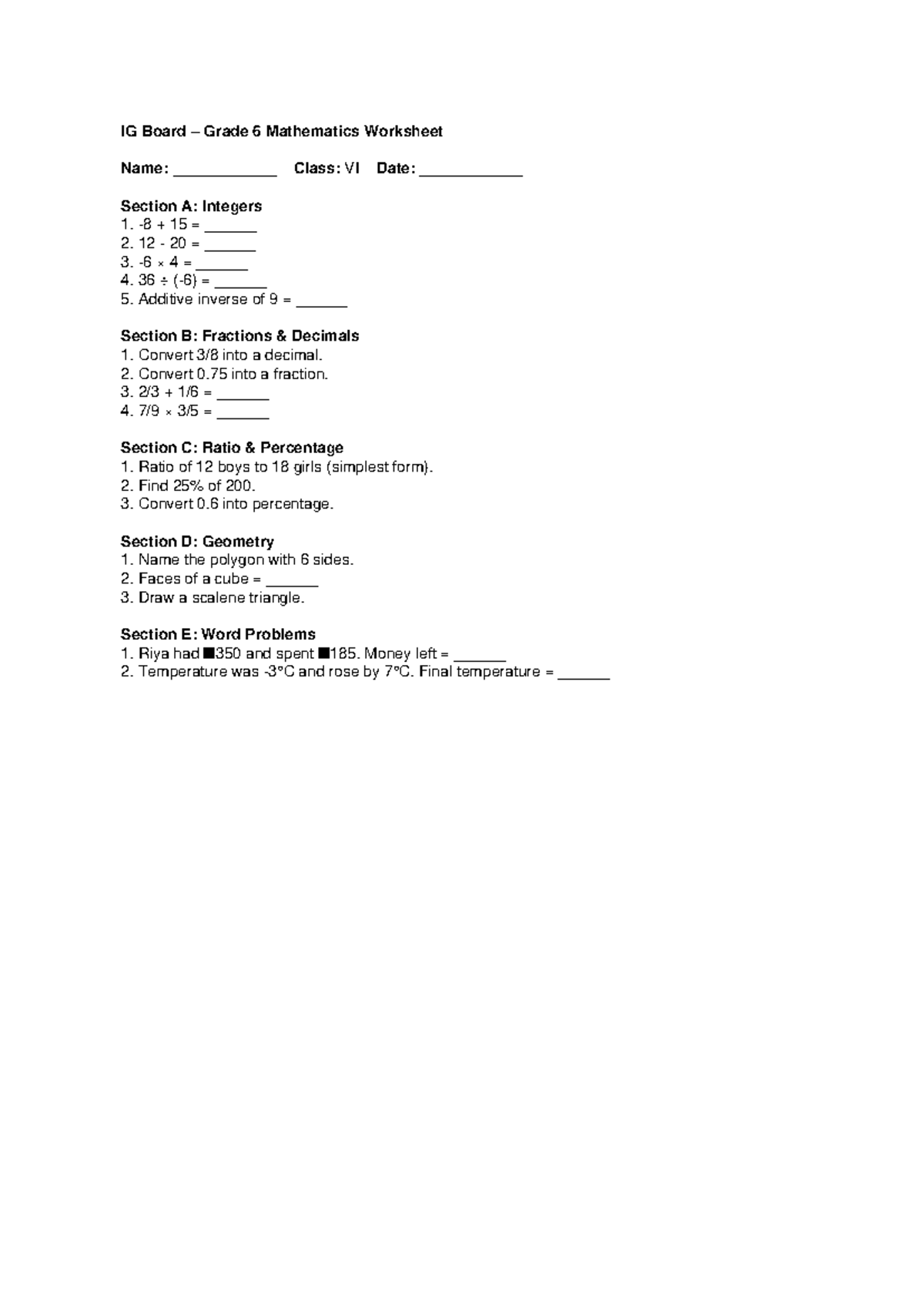 IG Board Grade 6 Mathematics Worksheet: Key Concepts & Exercises - Studocu