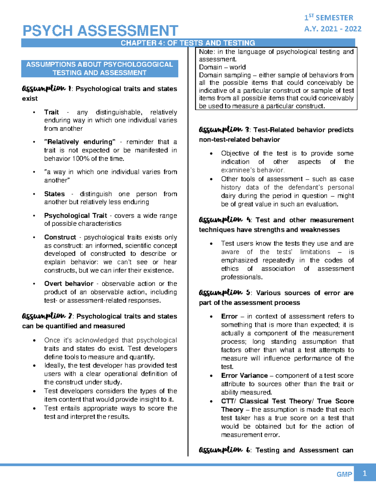 Psychological Assessment - Tests and Testing (Chapter 4) - Studocu