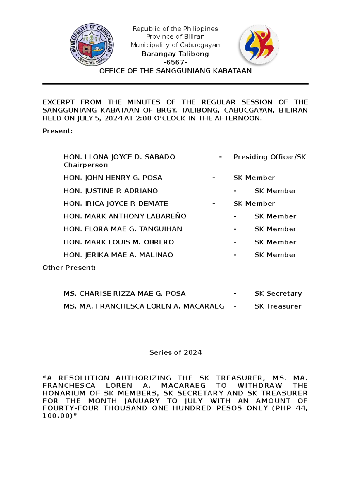 SK Resolution on Honorarium and Reimbursements - Brgy. Talibong - Studocu