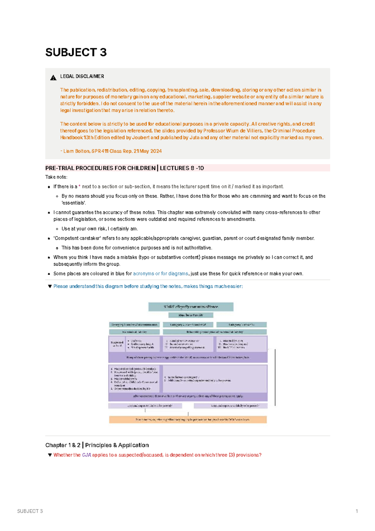 Subject 3 PBL Notes: Legal Framework for Child Justice Procedures - Studocu