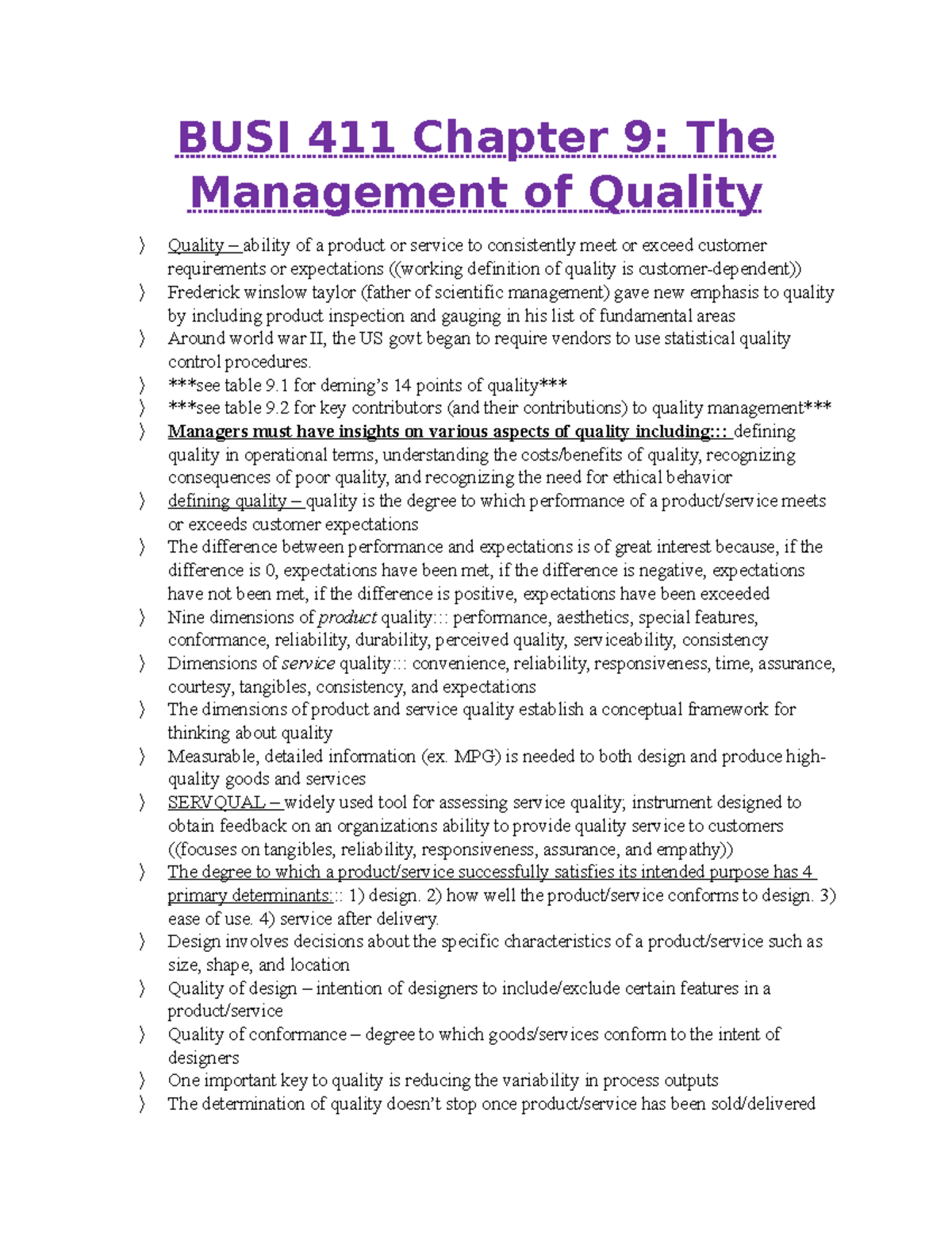 Chapter 9 management of quality - BUSI 411 Chapter 9: The Management of ...
