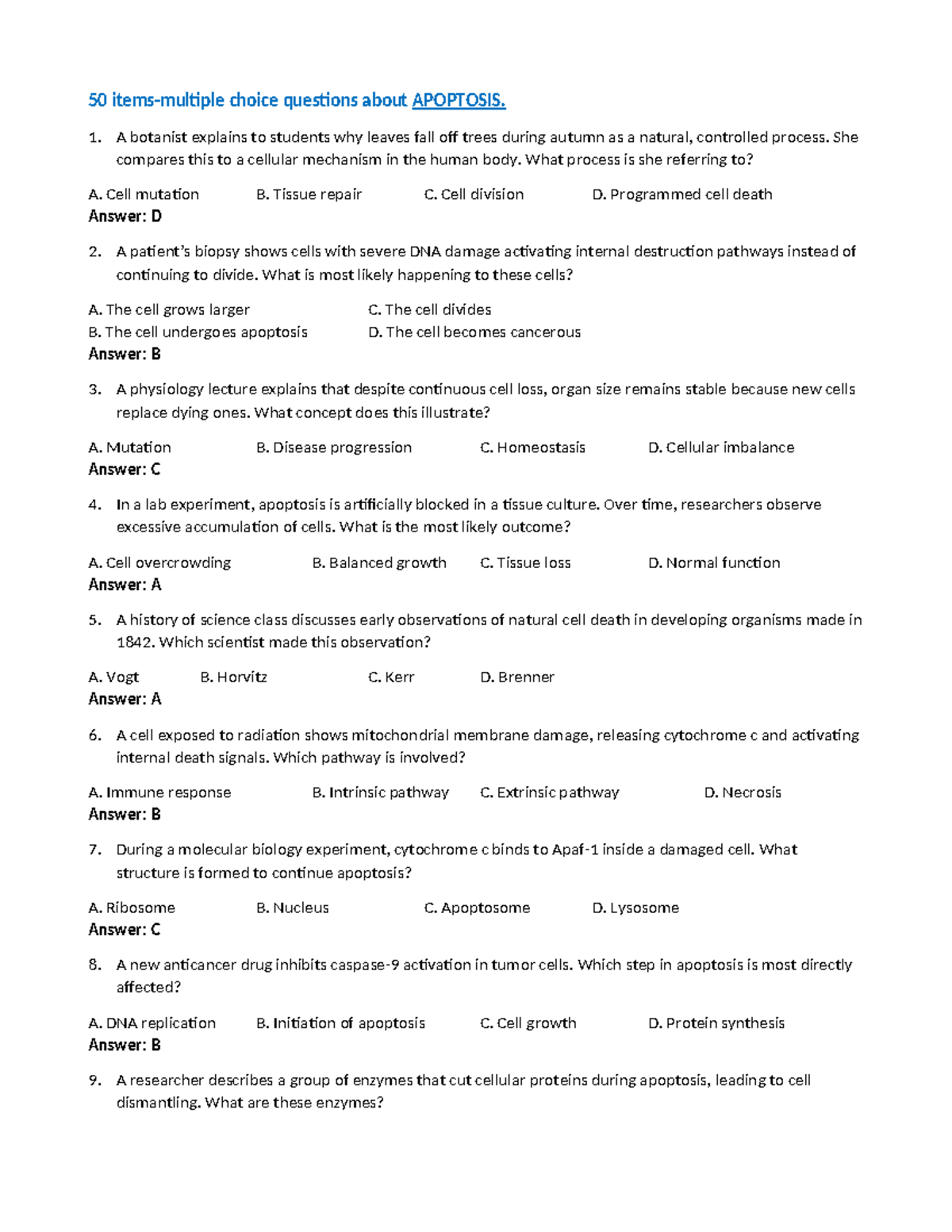 50 Multiple Choice Questions on Apoptosis (BIO 101) - Studocu