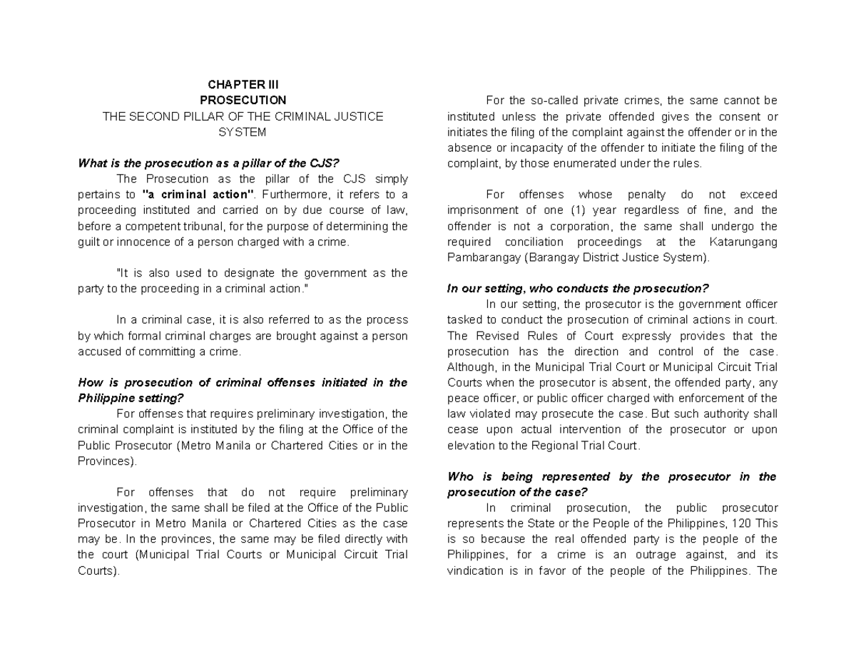 CHAPTER: PROSECUTION IN THE CRIMINAL JUSTICE SYSTEM (CLJ 1) - Studocu