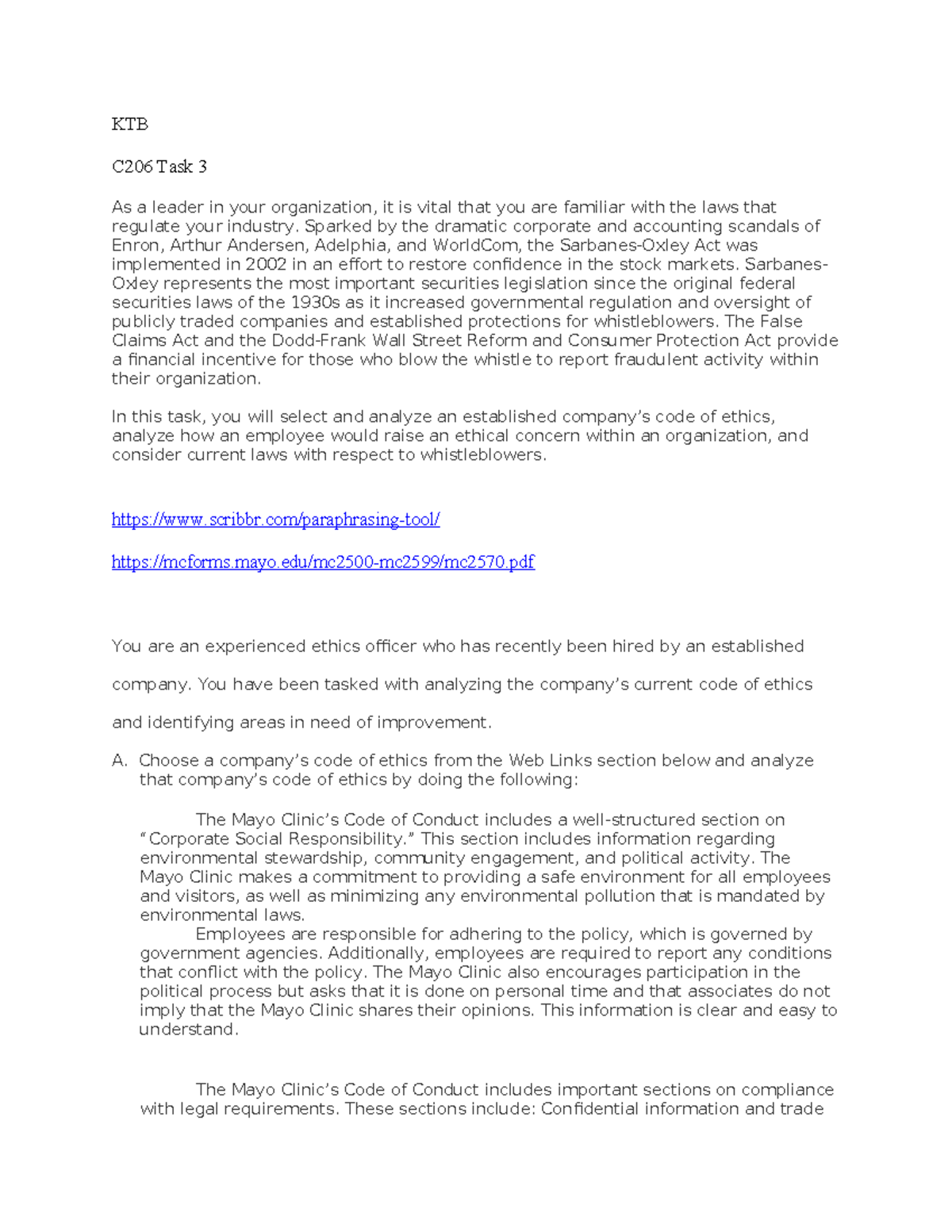 Ethics C206 Task 3 - Task 3 for Ethical Leadership- C206. Passed on first try. - KTB C206 Task 3 ...