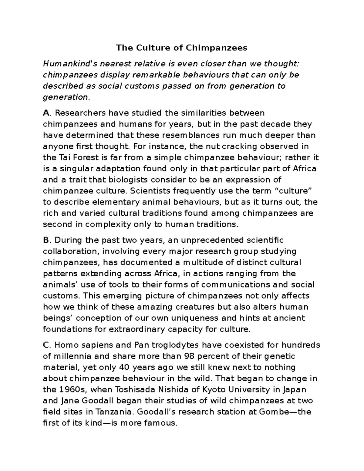 The Culture of Chimpanzees (Course Code: CHM101) - Short Answer Guide ...