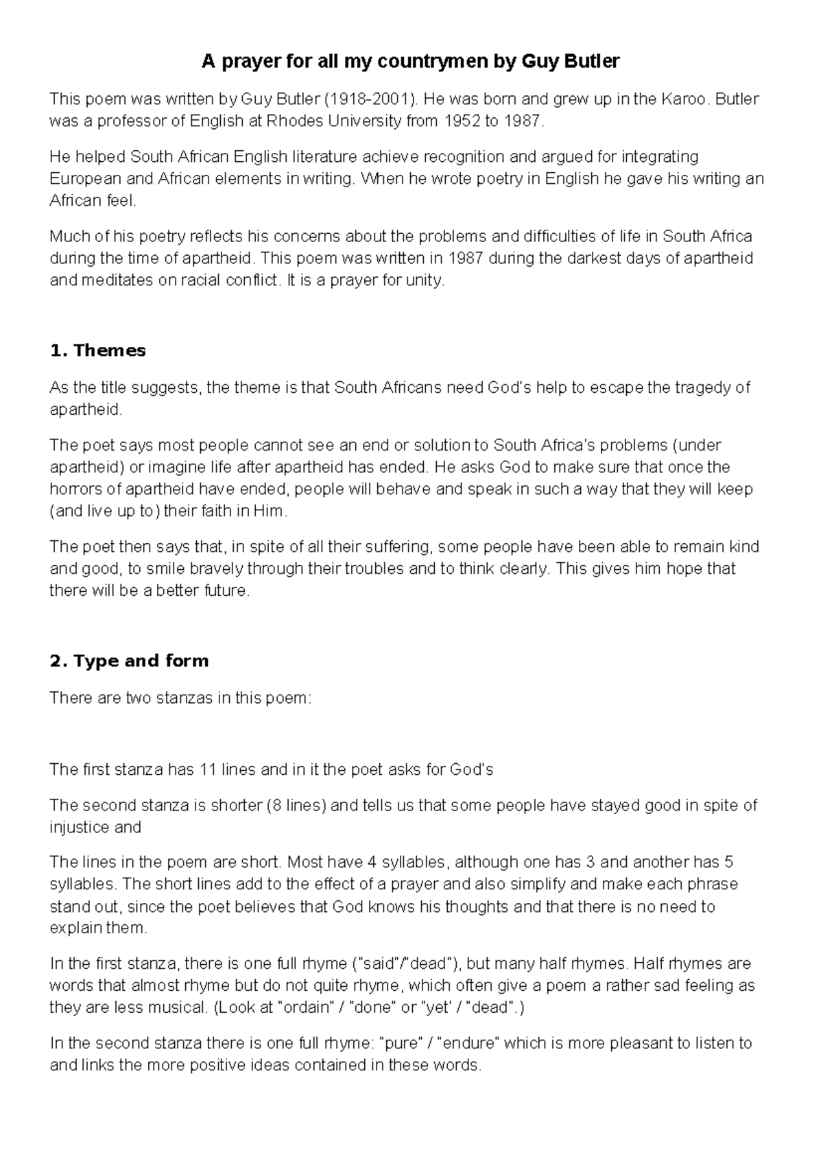 Essay Notes: A Prayer for All My Countrymen by Guy Butler - Studocu