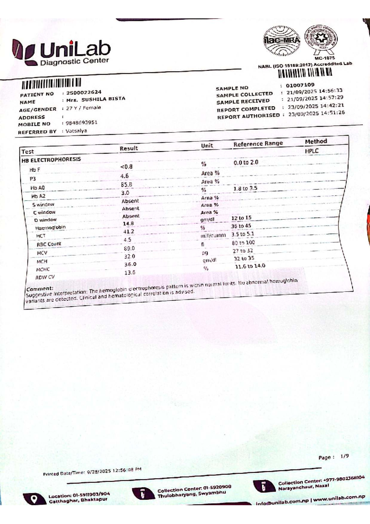 UniLab MR Diagnostic Report for Mrs. Sushila Bista - Sample No ...
