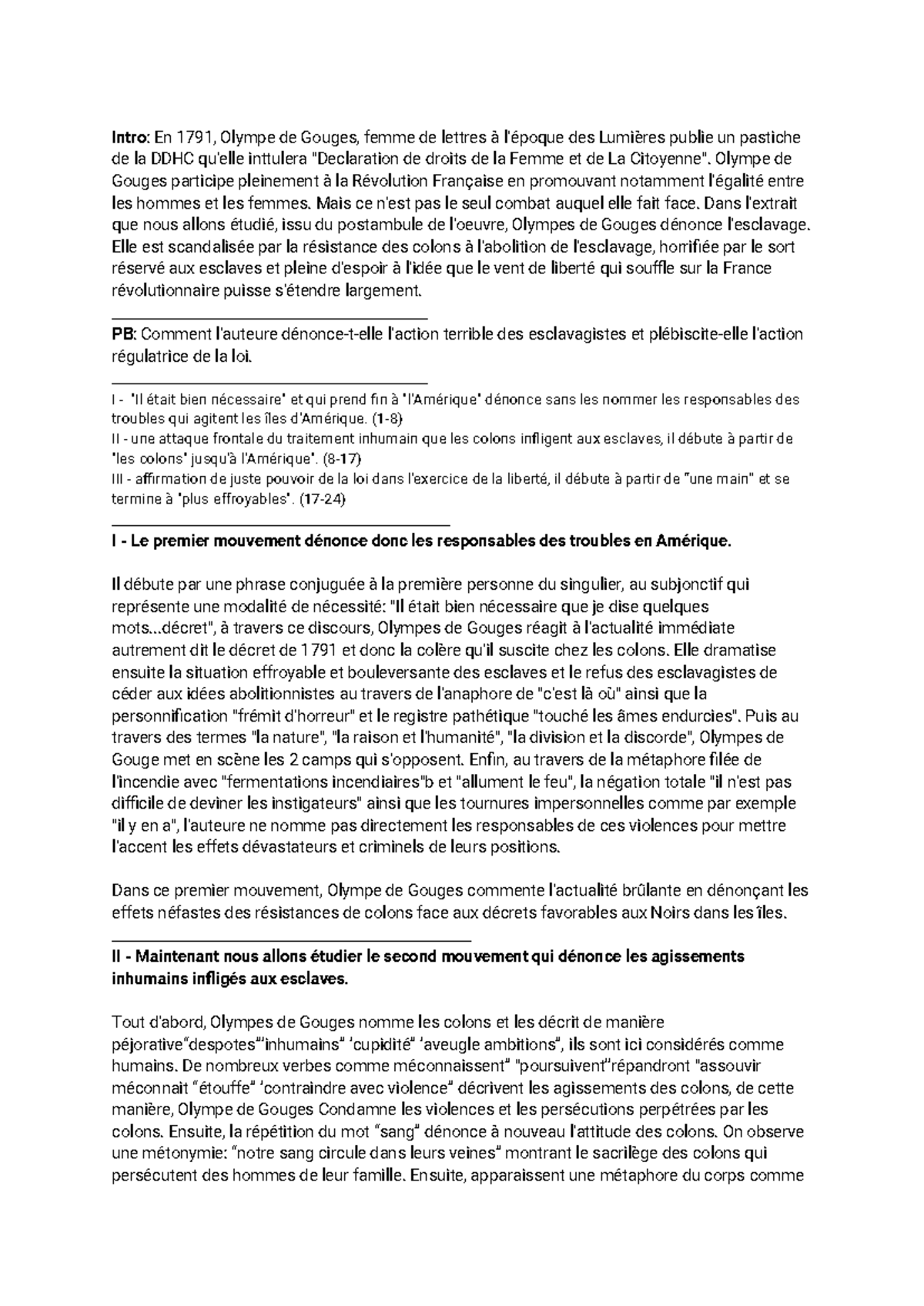 Analyse linéaire DDFC : Olympe de Gouges et l'esclavage - Studocu