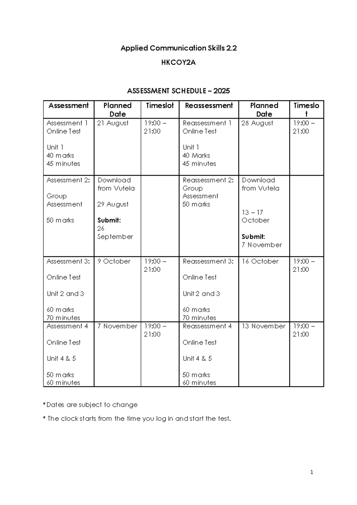HKCOY2A Applied Communication Skills Assessment Schedule 2025 - Studocu