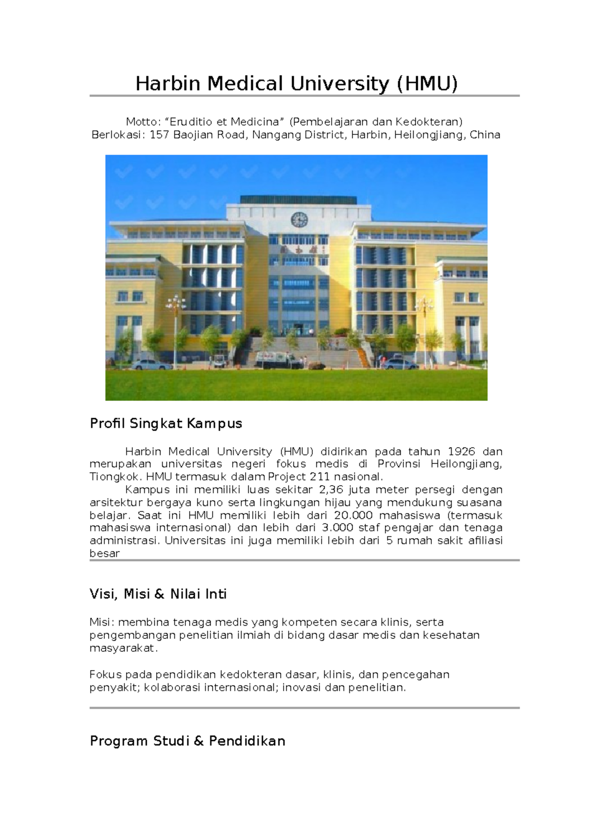 Program Studi di Harbin Medical University (HMU) - Studocu