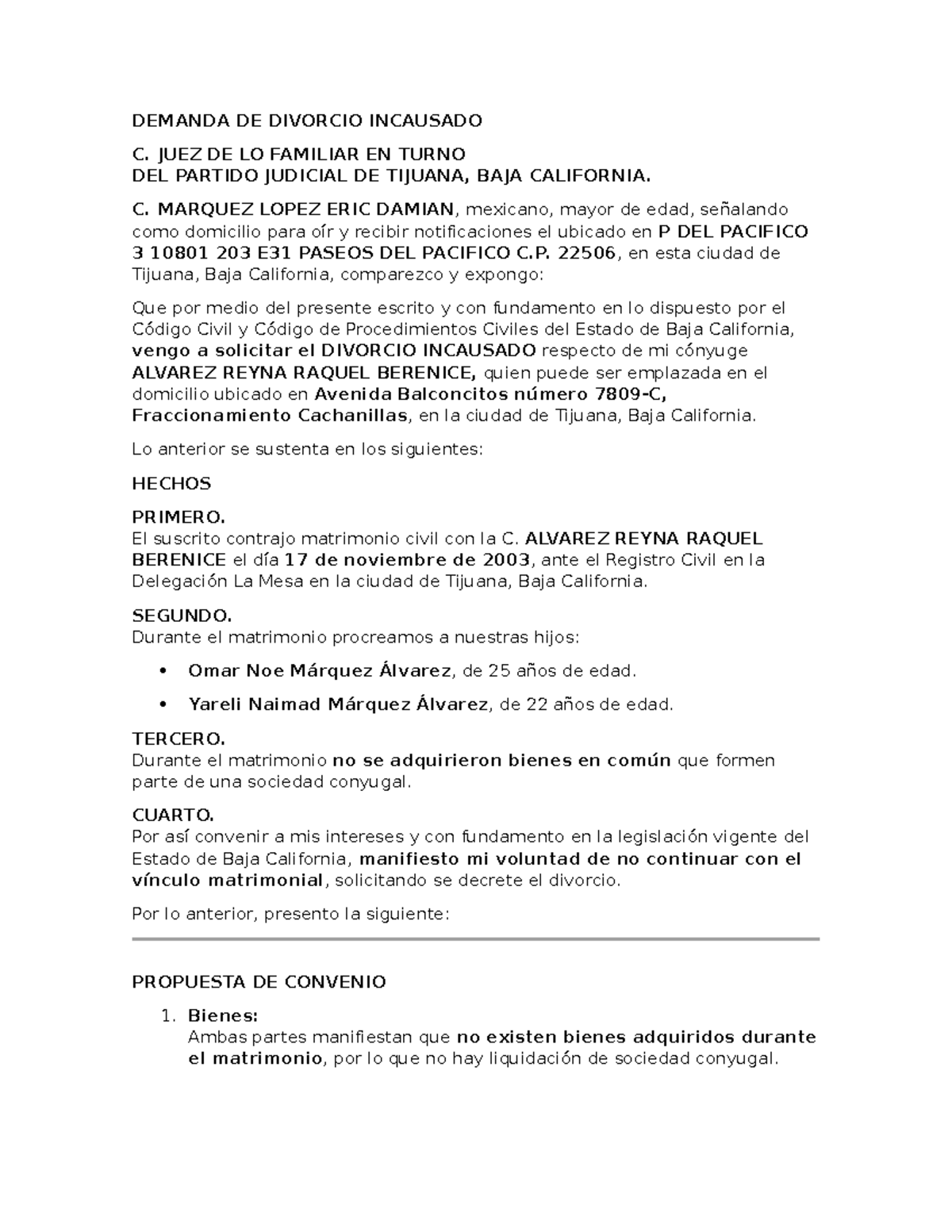 Demanda de Divorcio Incausado en Tijuana, Baja California - Studocu