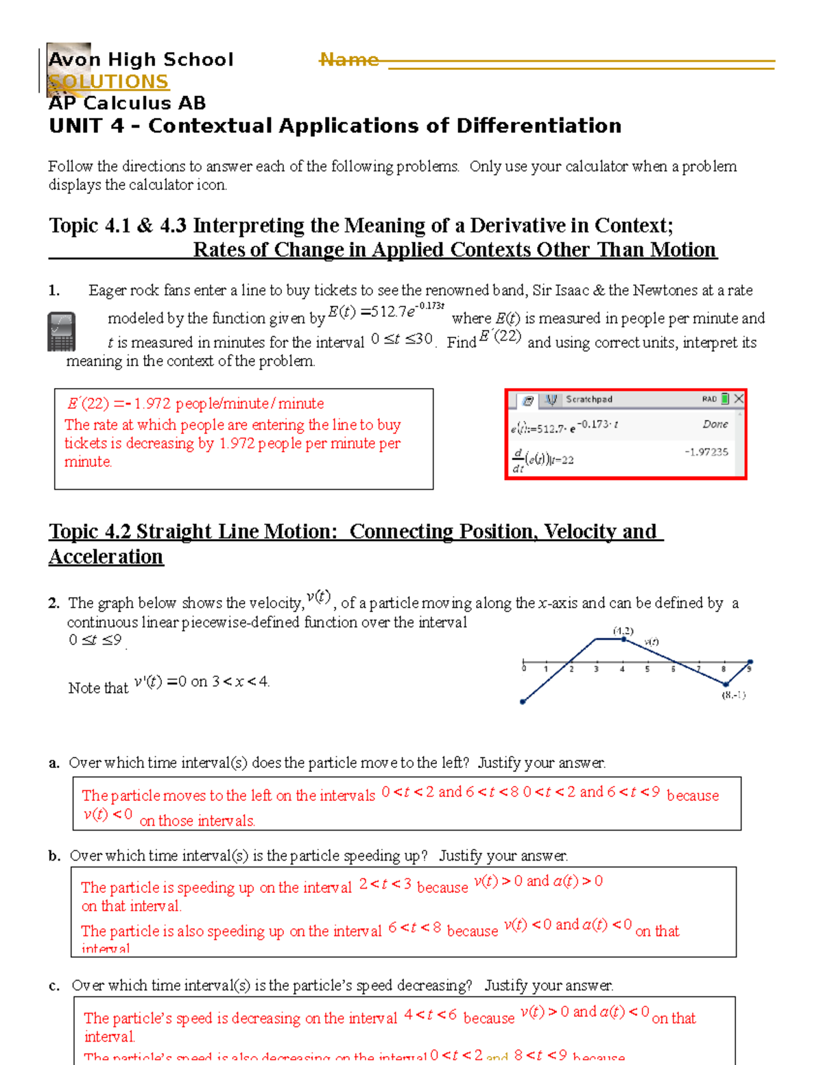 AP Calculus AB Unit 4 Exam Review Guide - Topics 4.1 to 4.7 Solutions ...