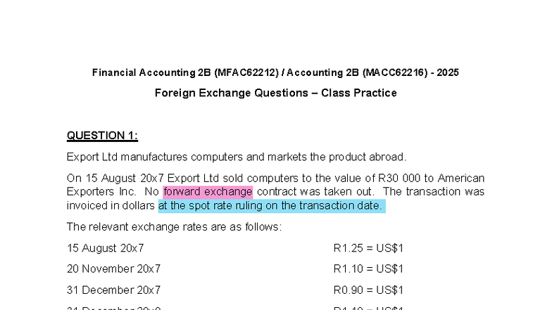 Foreign Exchange Questions-Class Practice - Financial Accounting 2B ...