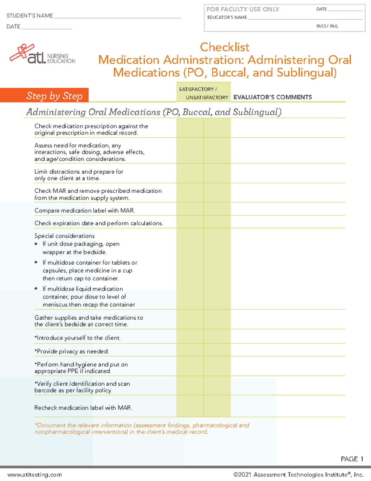 ATI Medication Administration Checklist for Oral Medications (PO ...