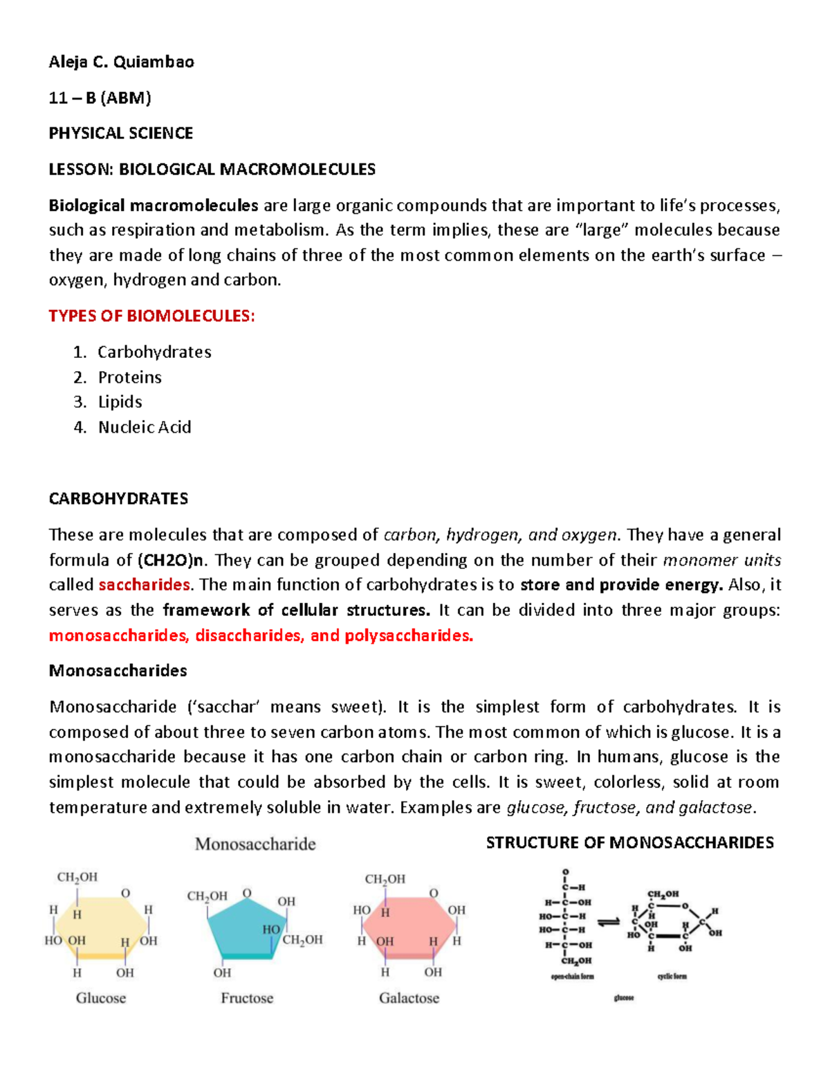 Physci 11-B Lesson Review: Biological Macromolecules Overview - Studocu