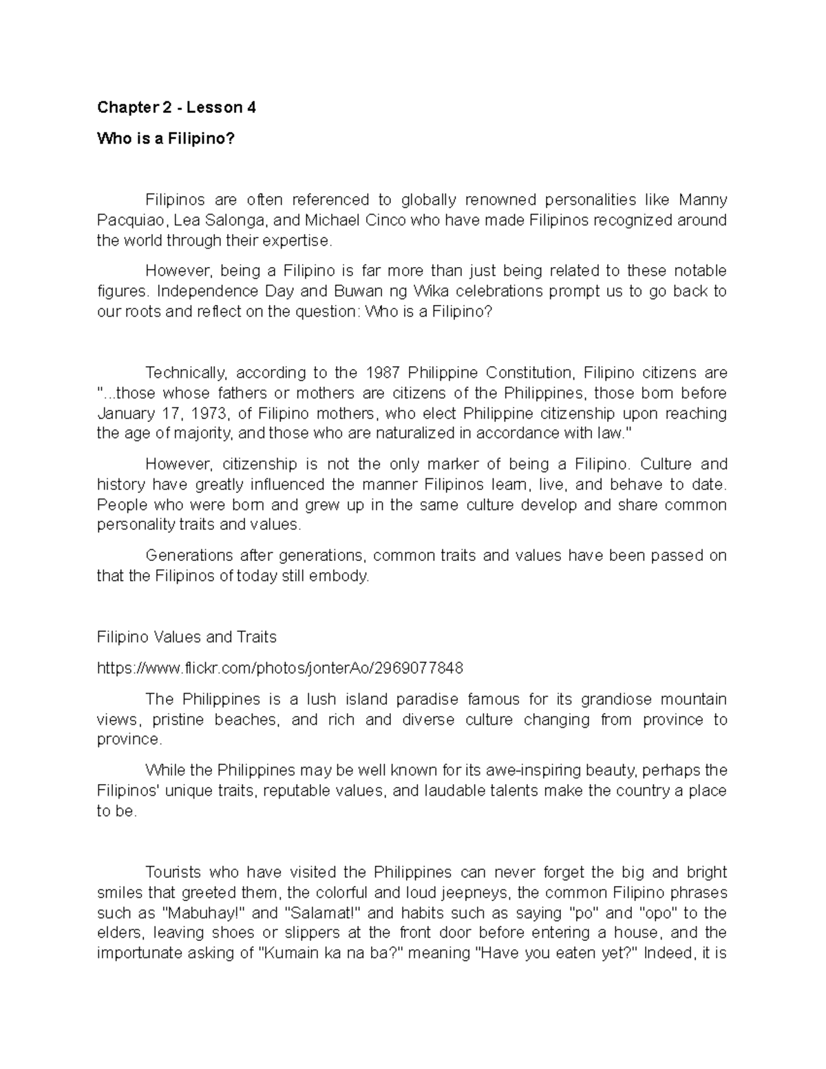 Chapter 2 - Lesson 4: Understanding the Filipino Identity - Studocu