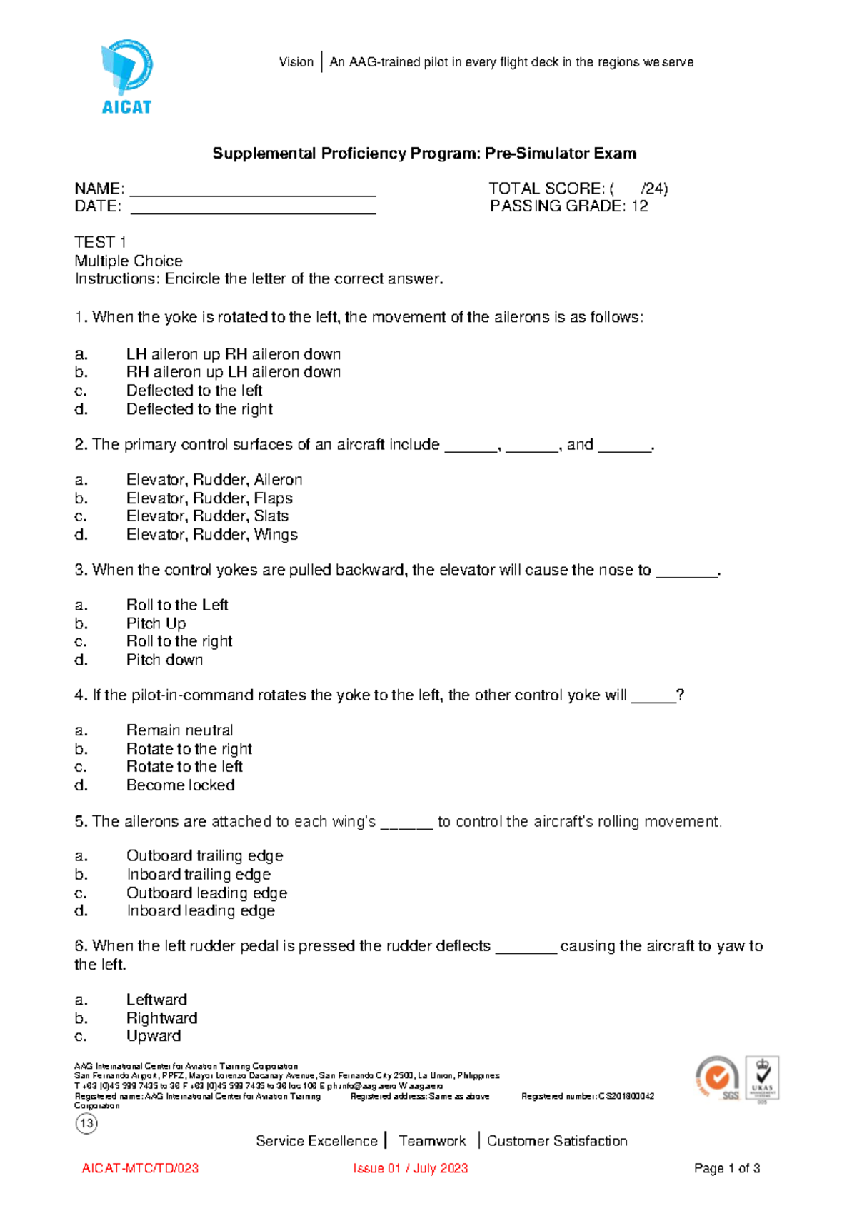 SET 13 Pre-Sim: Aircraft General Knowledge Exam - Studocu