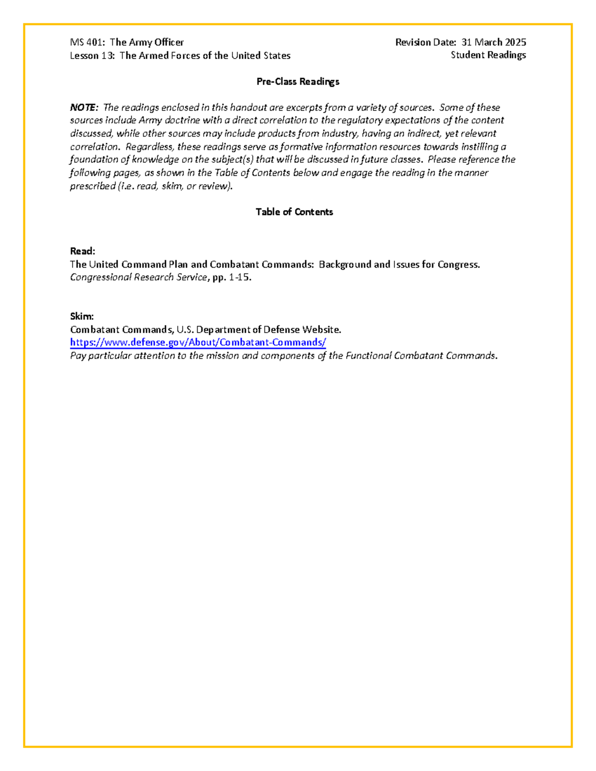 MS 401: The Army Officer Lesson 13 - Overview of UCP & COCOMs - Studocu