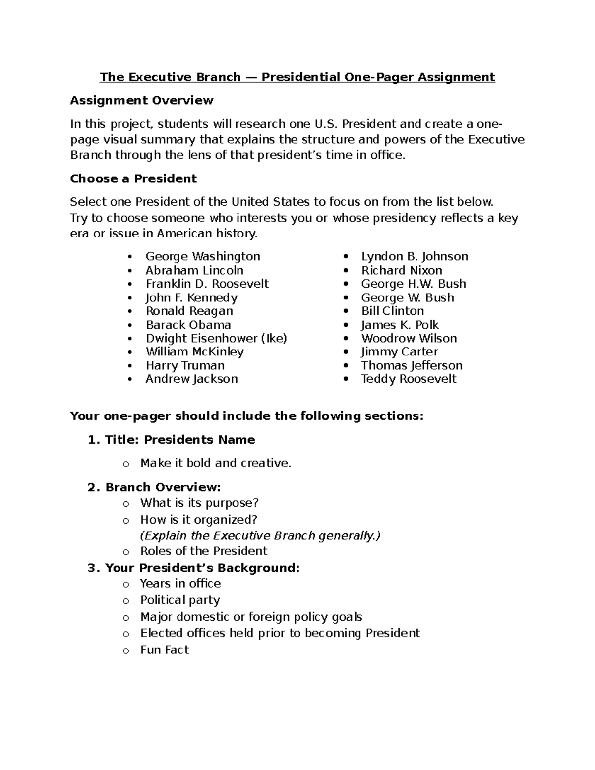 Executive Branch Overview: U.S. Presidents Assignment - Studocu