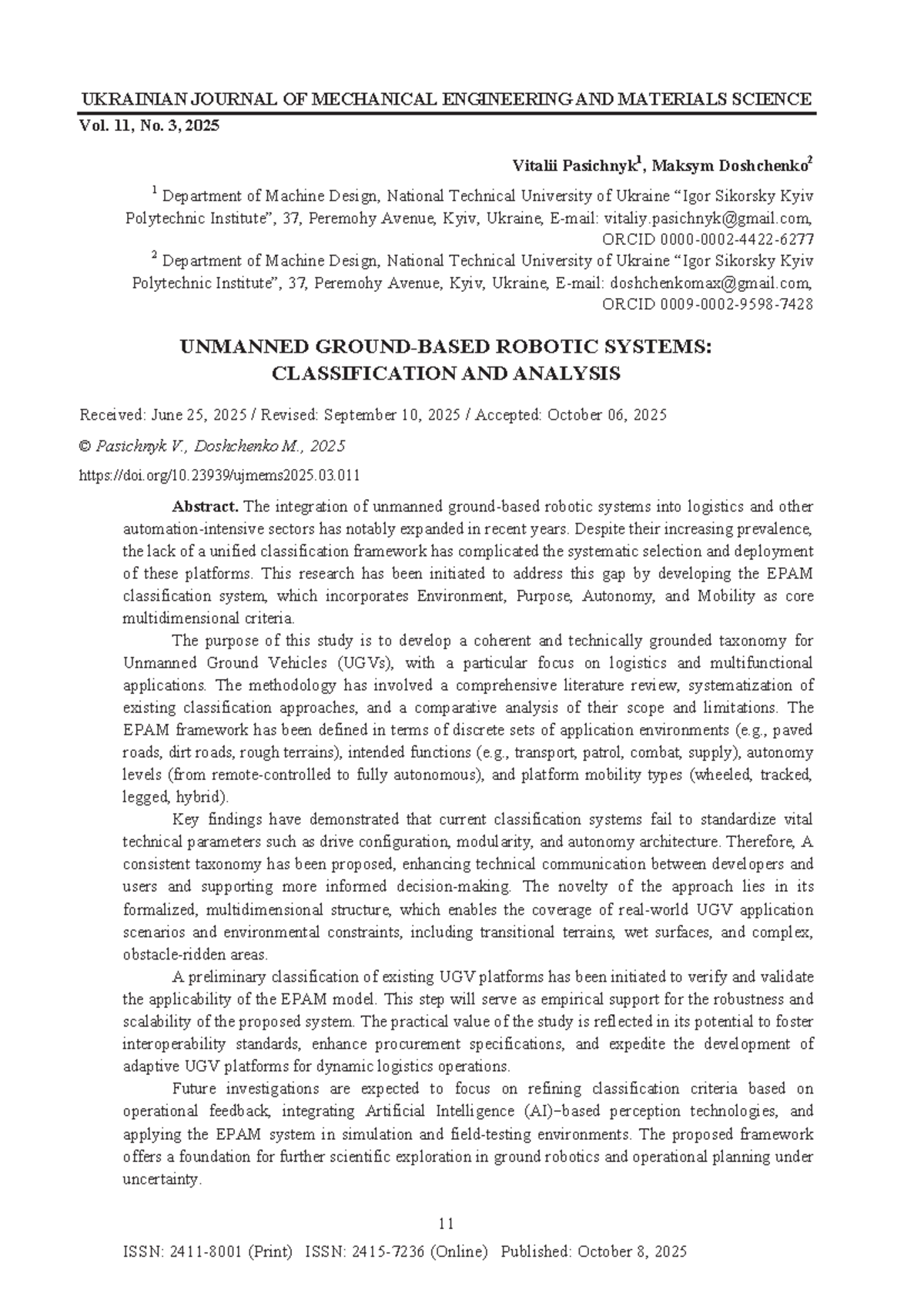 Unmanned Robotic Systems: EPAM Classification Framework (UJMEMS 0325 ...