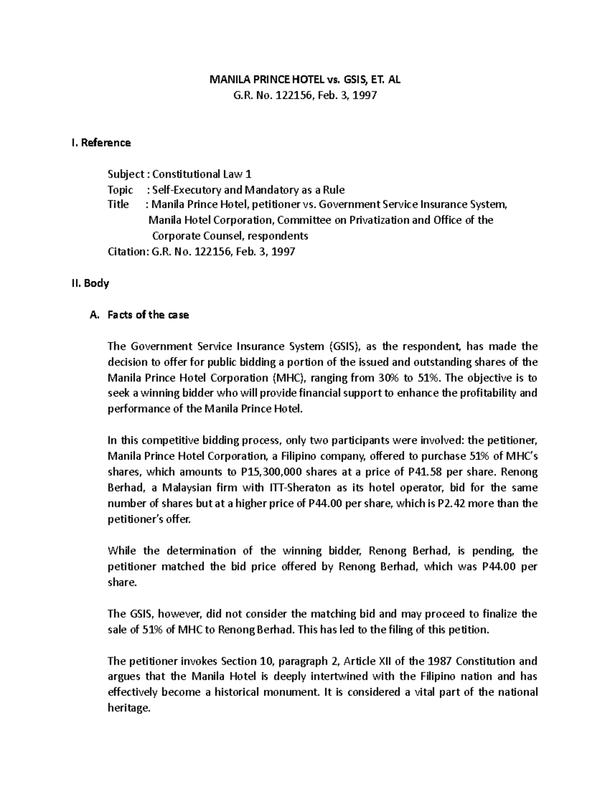 Manila Prince Hotel vs. GSIS, GR No. 122156 Case Digest Analysis - Studocu