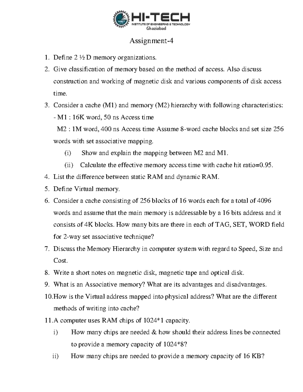 COA Assignment 4 - Unit 4 Past Year Questions on Memory Organization - Studocu