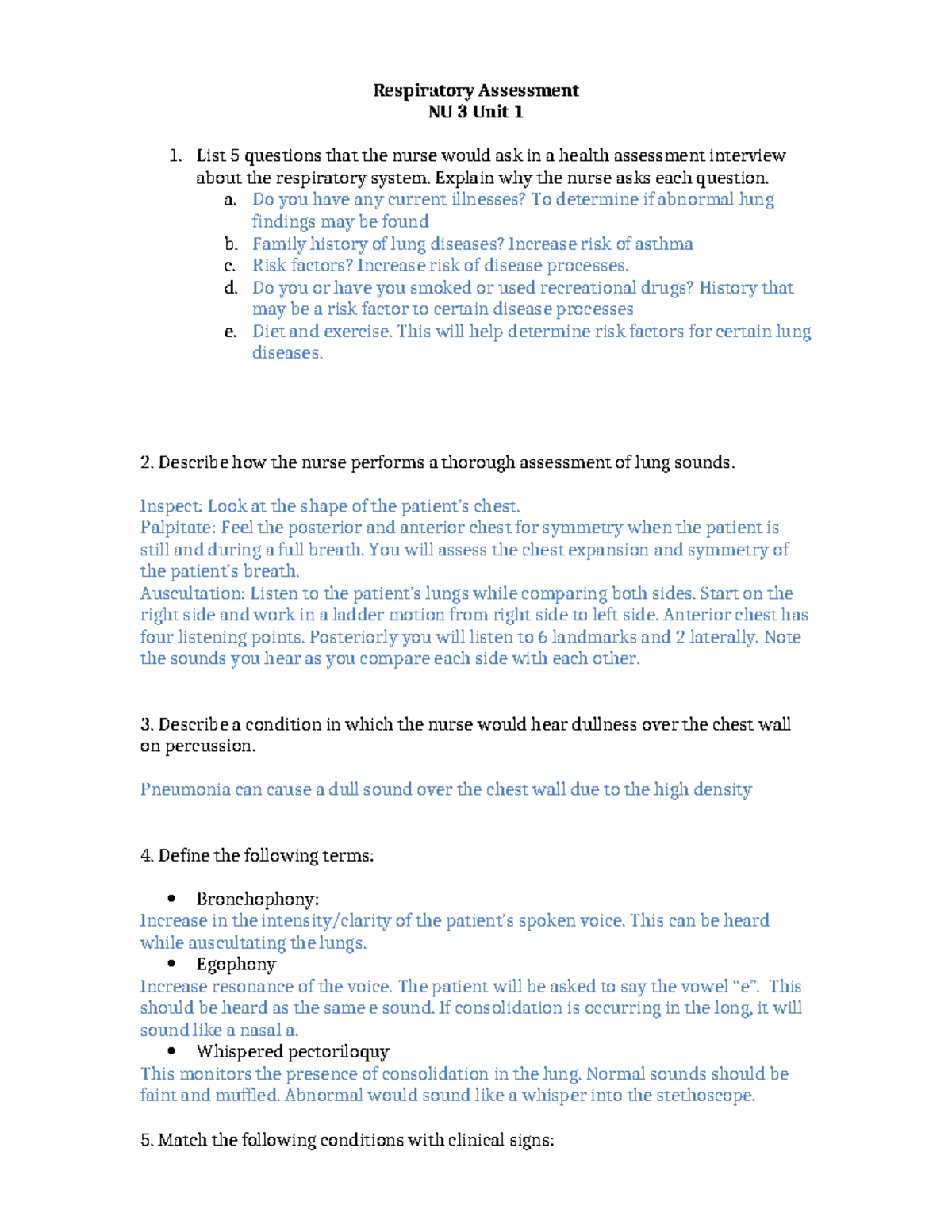 Lung Assessment Worksheet (NU 3 Unit 1): Key Questions & Techniques ...