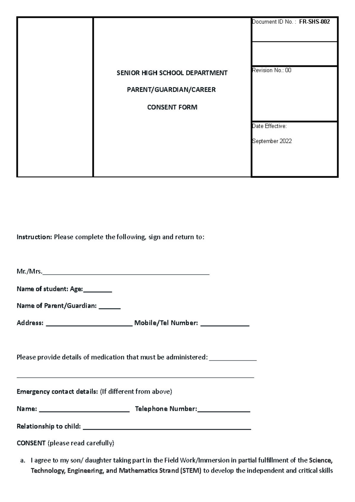 SHS STEM Field Consent Form - Waiver for Participation - Studocu