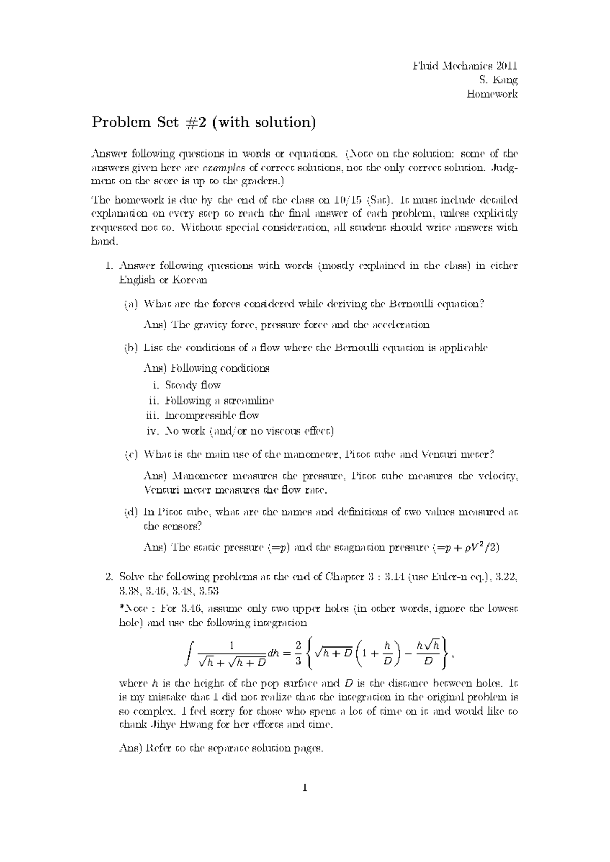 Fluid Mechanics 2012 2차 과제 - Homework Problem Set with Solutions - Studocu