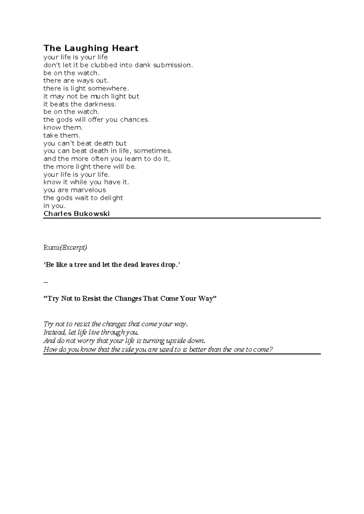 Poems Analysis: The Laughing Heart & Rumi's Wisdom - Studocu