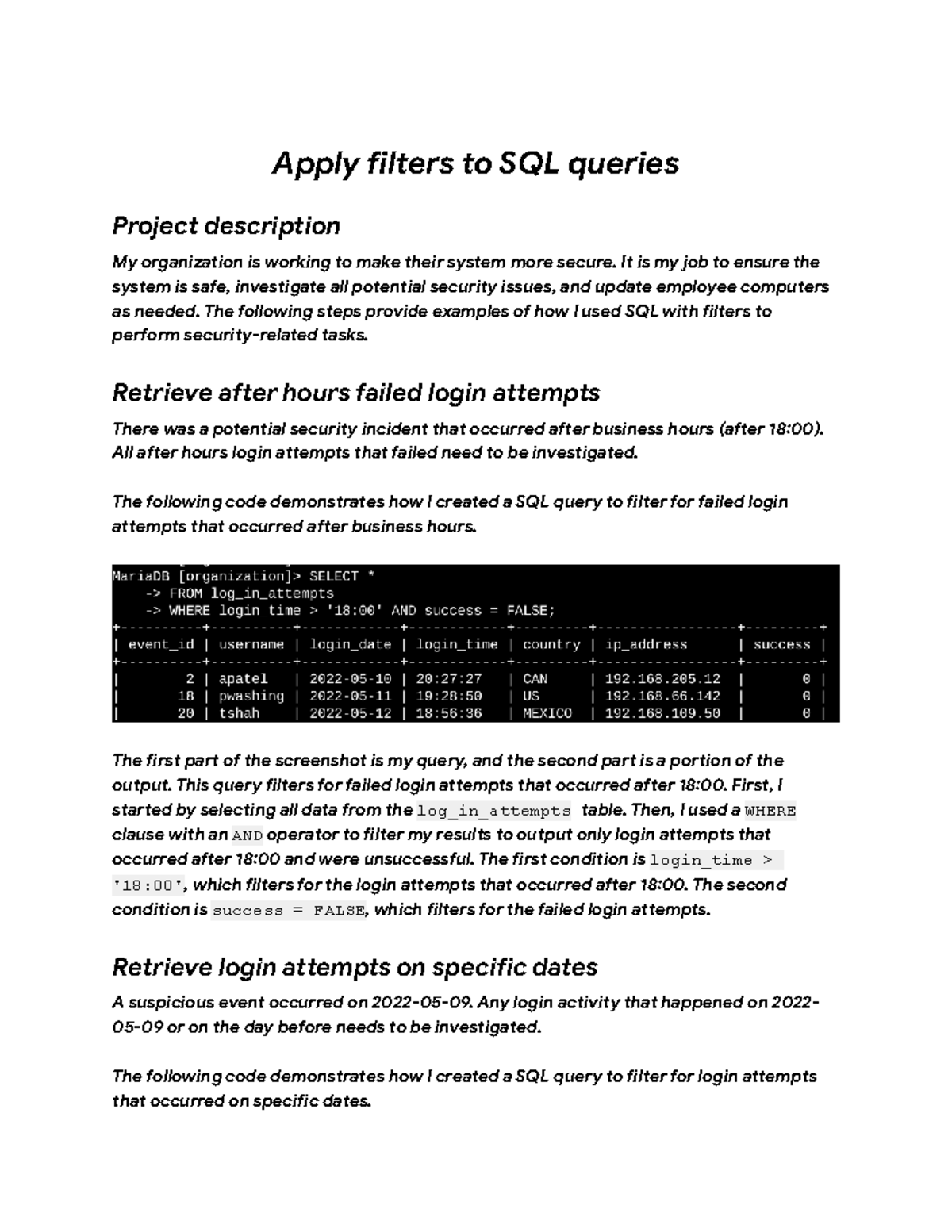 SQL Filtering Techniques for Security Analysis: Project Overview - Studocu