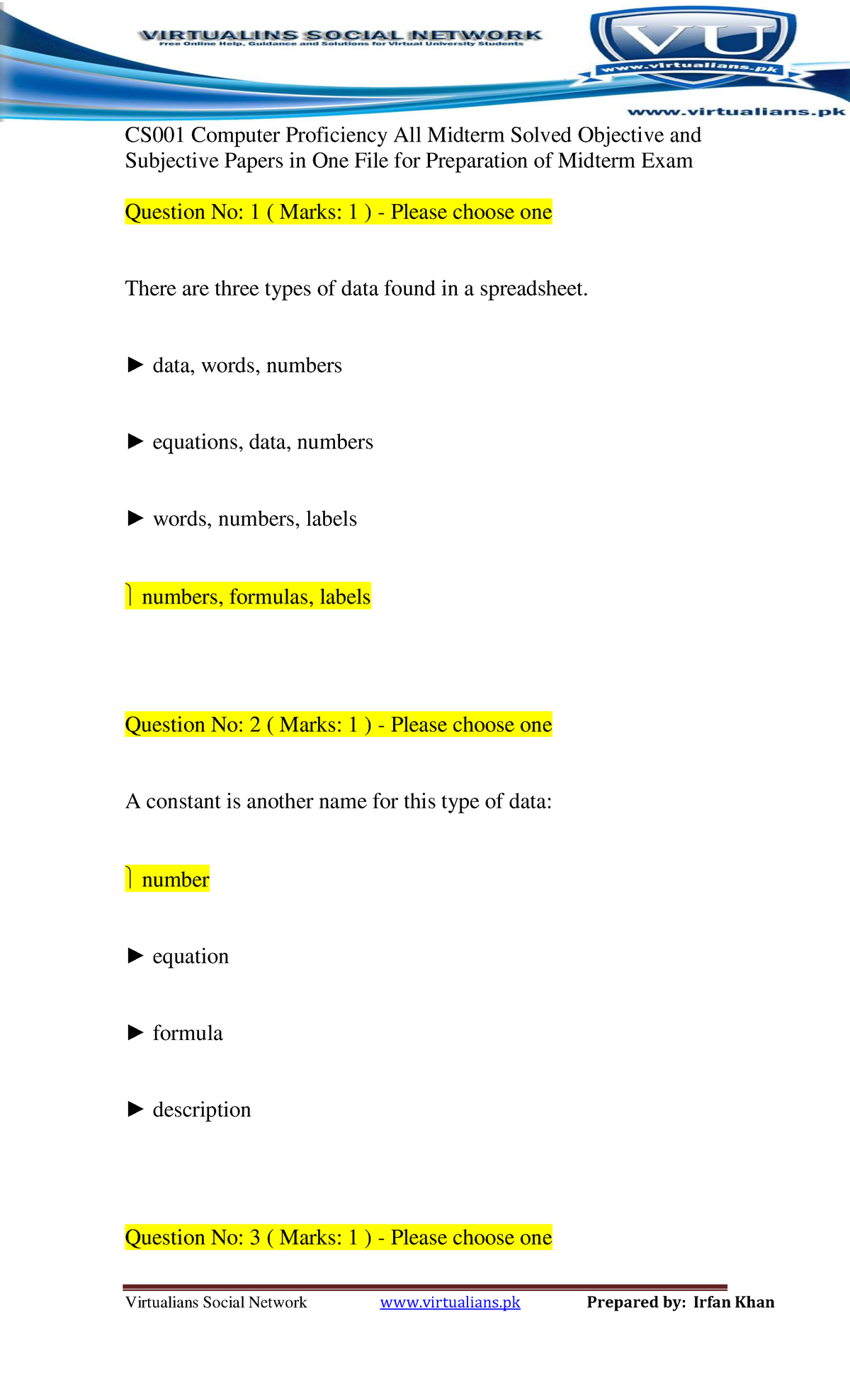 CS001 Computer Proficiency Midterm Exam: Complete Solved Papers - Studocu