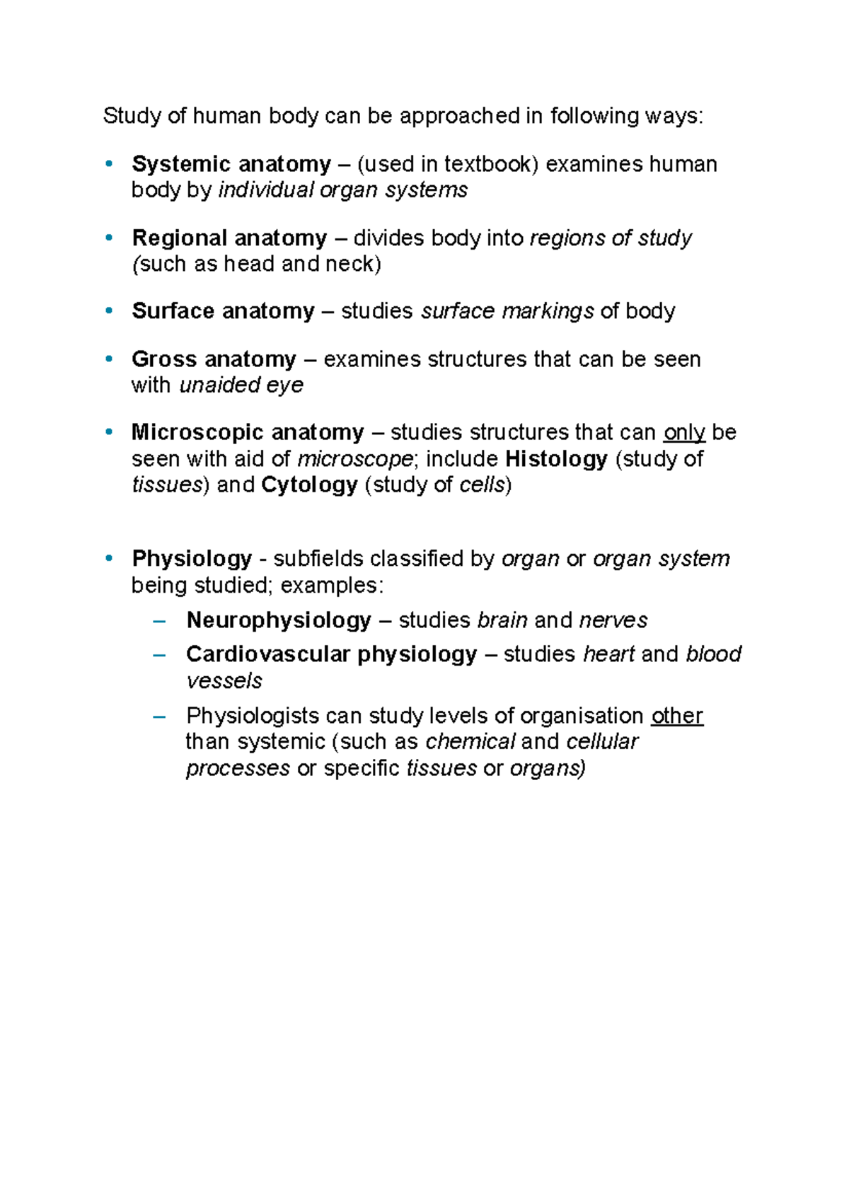 Types of Anatomy and Physiology: A Comprehensive Overview - Studocu