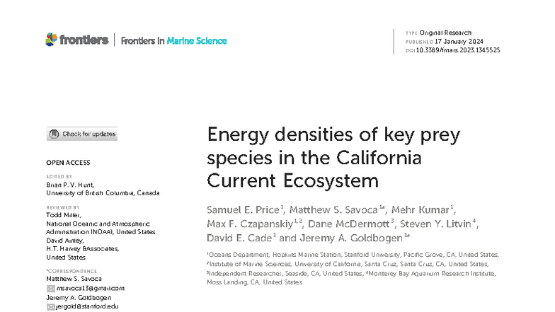 Energy Densities of Key Prey Species in the California Current Ecosystem - Studocu