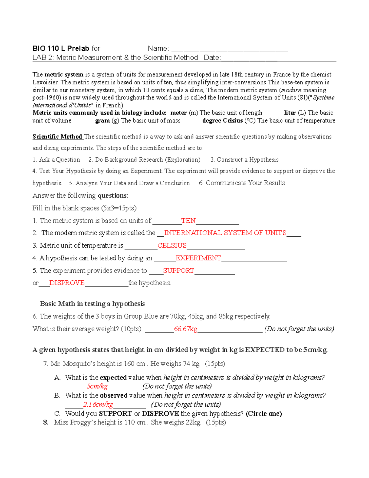 BIO 110 L Prelab 2: Metric Measurement & Scientific Method Guide - Studocu