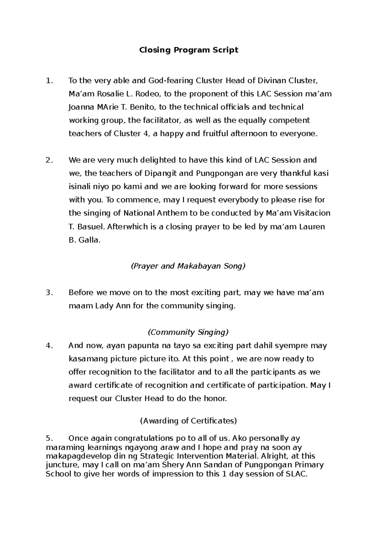 Closing Program Script for LAC Session: A Flourishing Farewell - Studocu