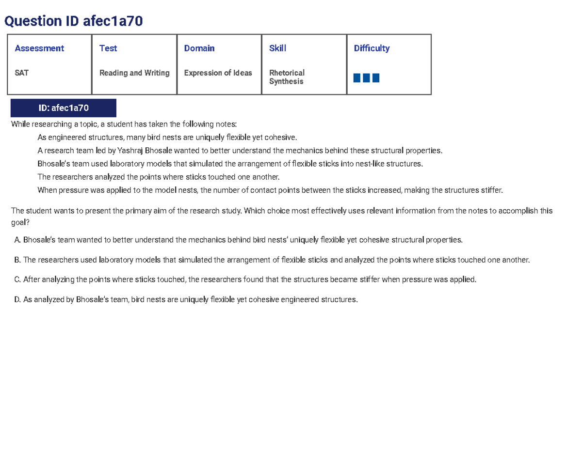 Assessment Test Domain Skill SAT Reading and Writing Expression of ...