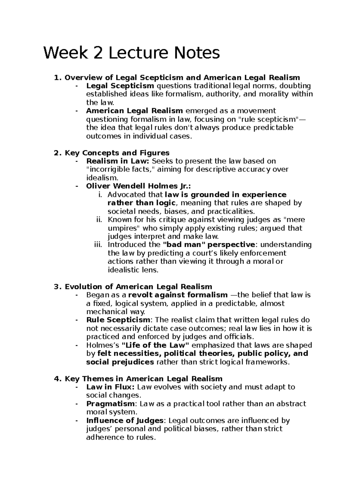 Americal Legal Realism Summary - Week 2 Lecture Notes Overview of Legal ...