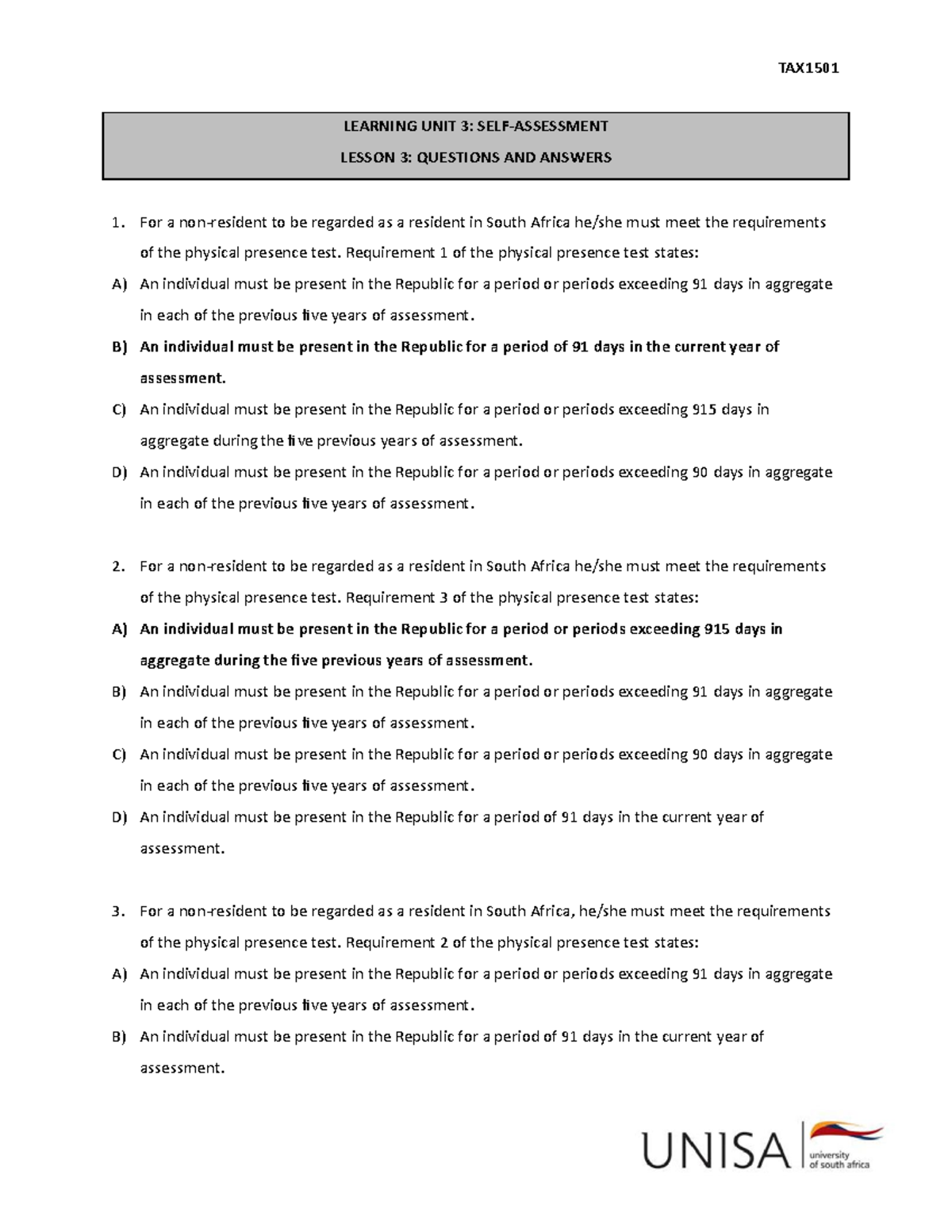 TAX1501 Lesson 3: Physical Presence Test and Taxable Income ...