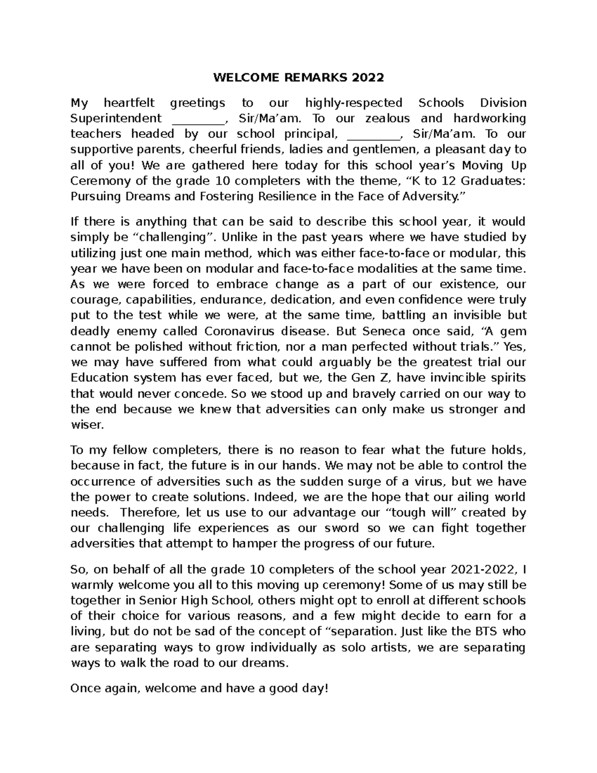 2022 Grade 10 Completers Moving Up Ceremony Welcome Remarks - Studocu