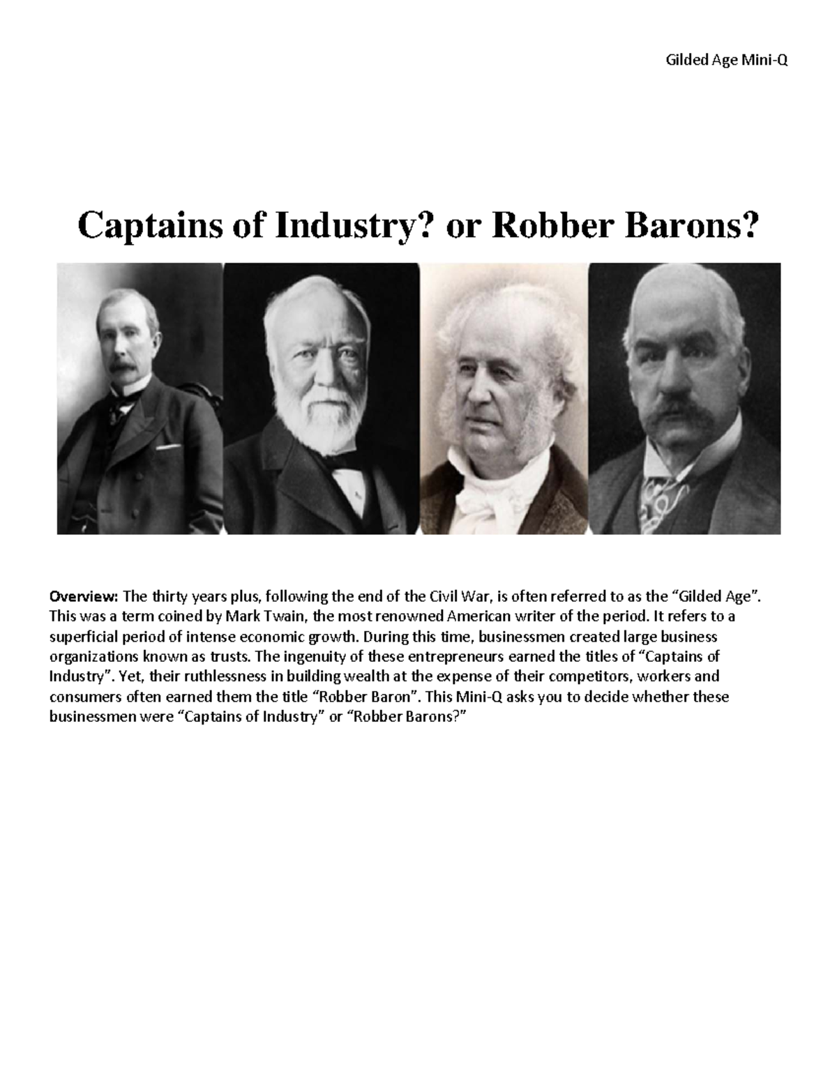 Gilded Age Mini-Q: Captains of Industry or Robber Barons? Analysis ...