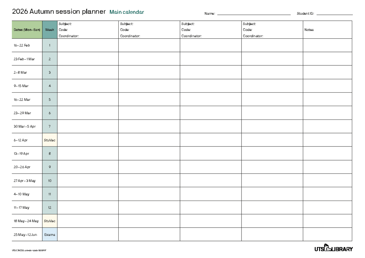 2026 Autumn Session Planner: Key Dates & Assessment Calendar - Studocu