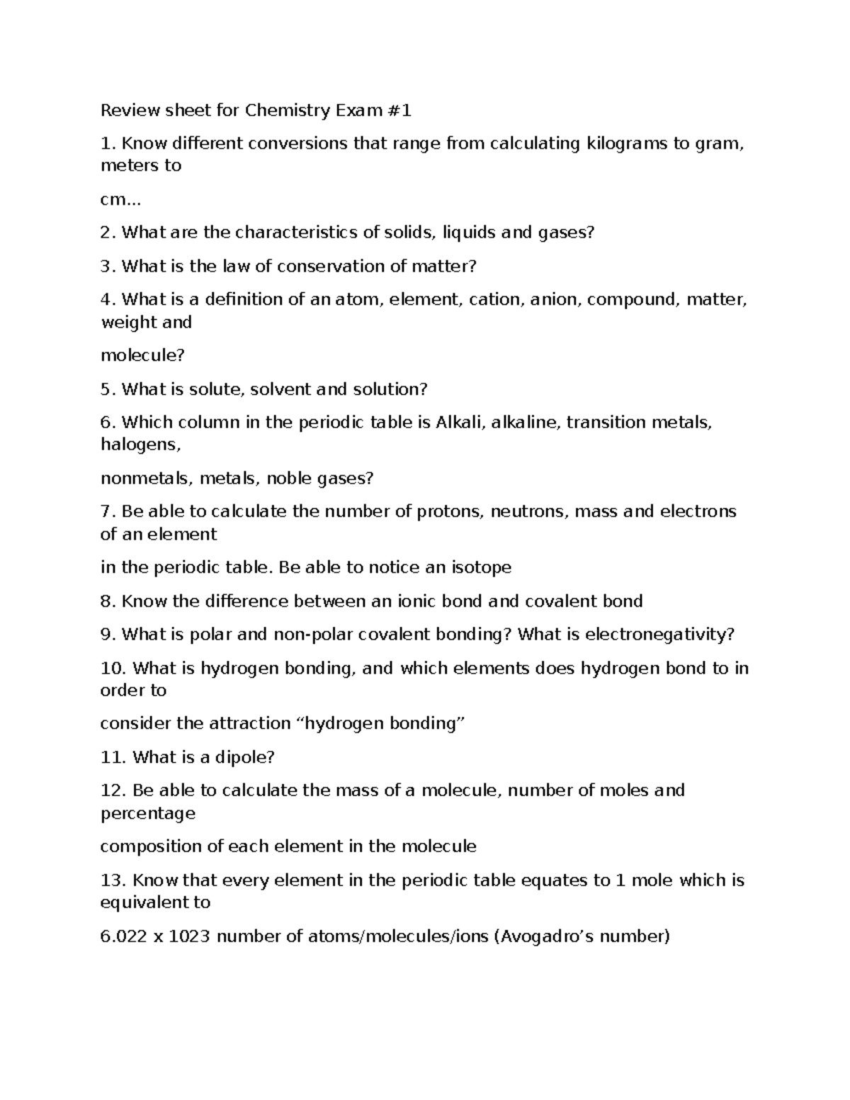 Chemistry Exam 1 Review: Key Concepts and Calculations - Studocu