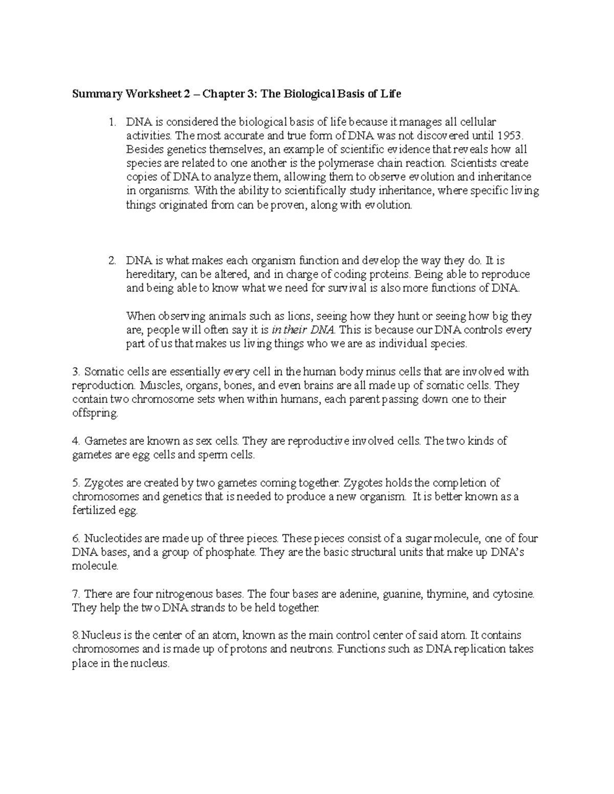 Summary Worksheet - SW #2: Ch3 - The Biological Basis of Life - Studocu