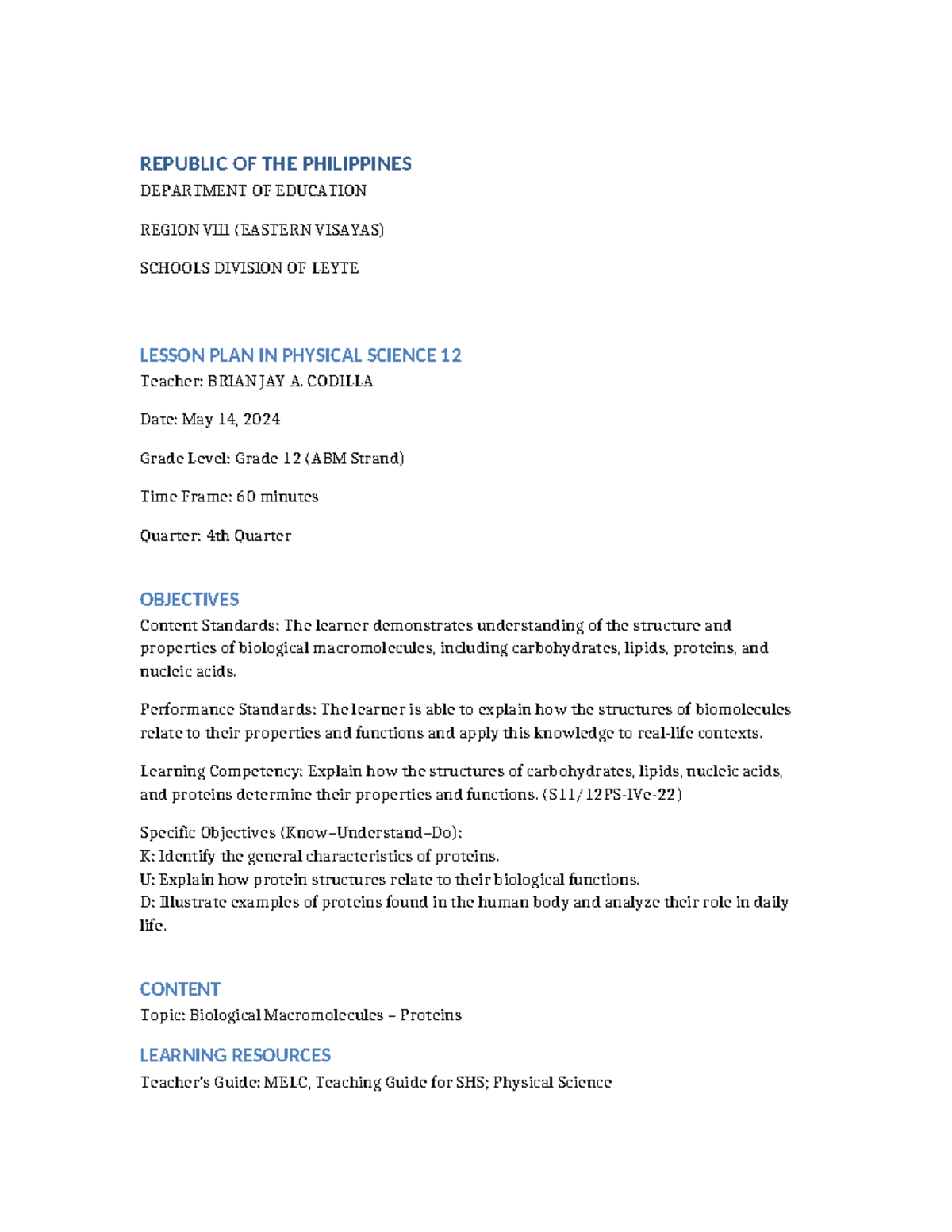 Lesson Plan in Physical Science 12: Biological Macromolecules ...